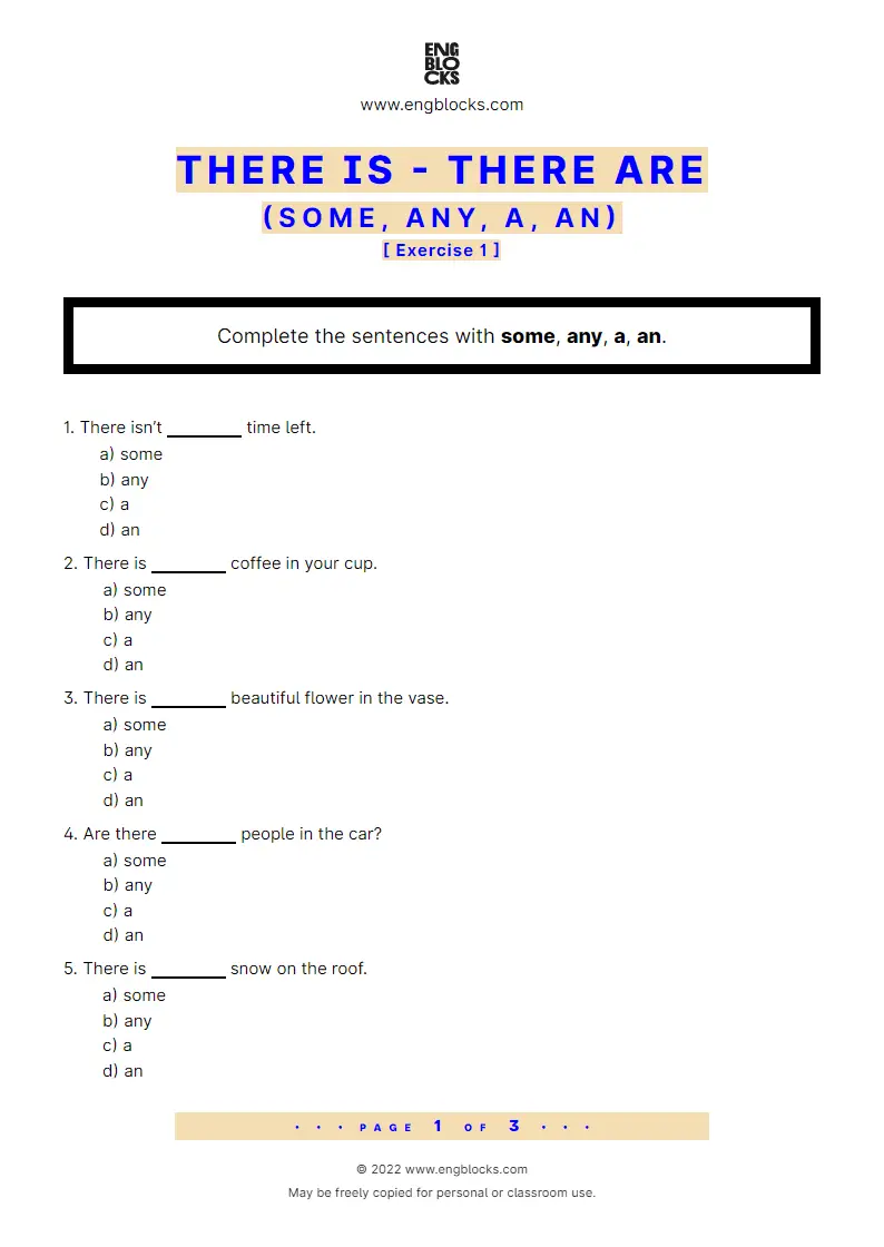 There is, There are + a, an, some, any — Exercise 1 | ESL Worksheets There is, There are + a, an, some, any — Exercise 1 | ESL Worksheets